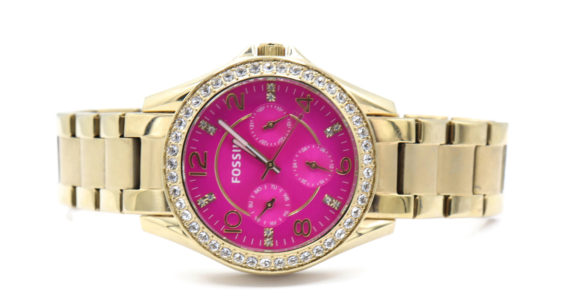 Fossil Riley Multi-Function Stainless Steel Pink Dial Gold-Tone Ladies ...