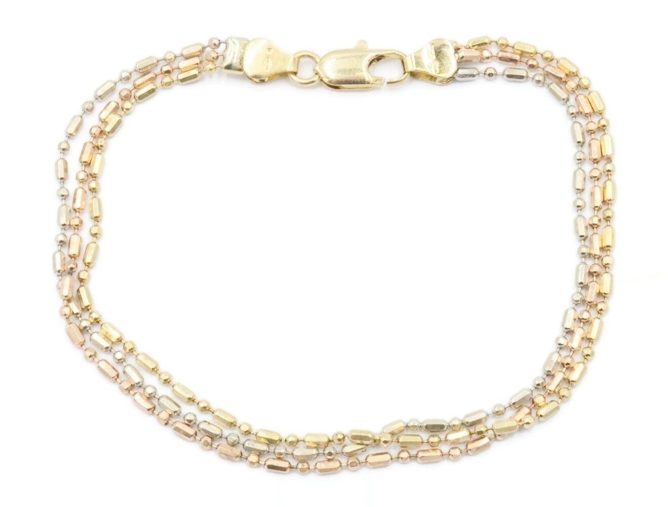 Women's 18KT Tri Colored Round Ball and Capsule Three Strand 5.32 Grams ...