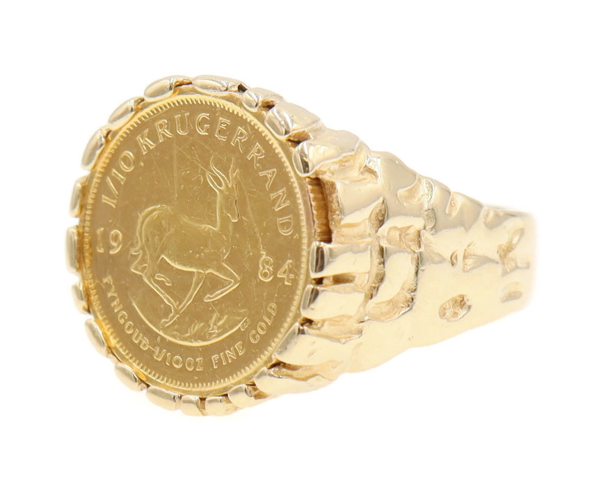 1984 1/10oz Krugerrand Gold Coin in 14KT Nugget Bezel Style Men's Ring ...