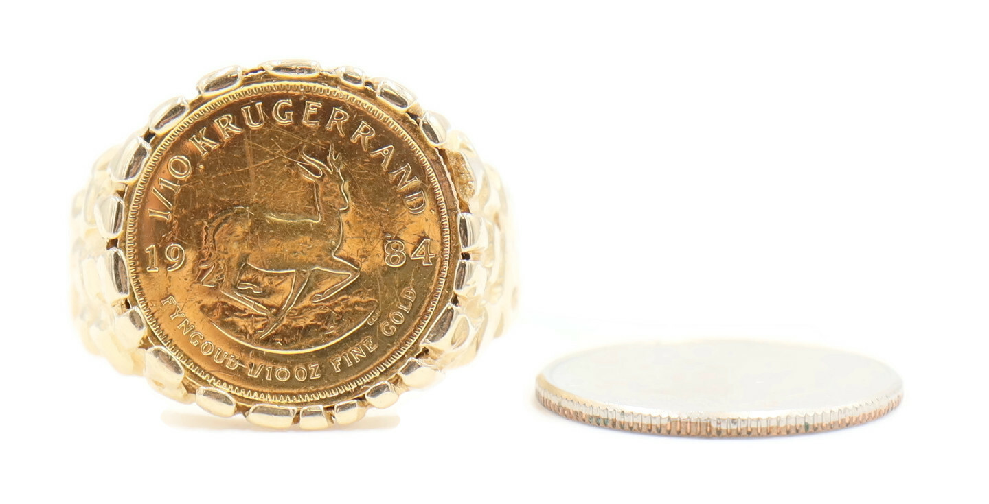 1984 1/10oz Krugerrand Gold Coin in 14KT Nugget Bezel Style Men's Ring ...