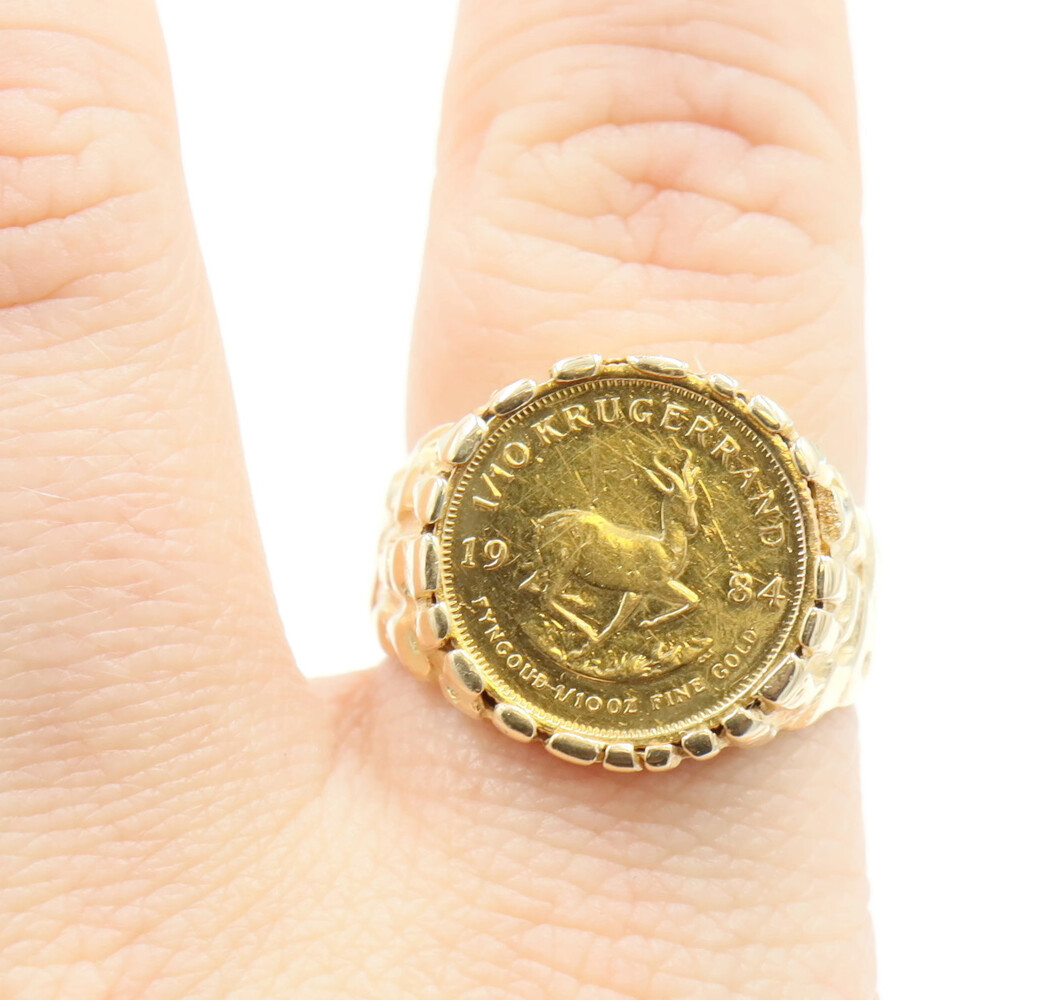 1984 1/10oz Krugerrand Gold Coin in 14KT Nugget Bezel Style Men's Ring ...