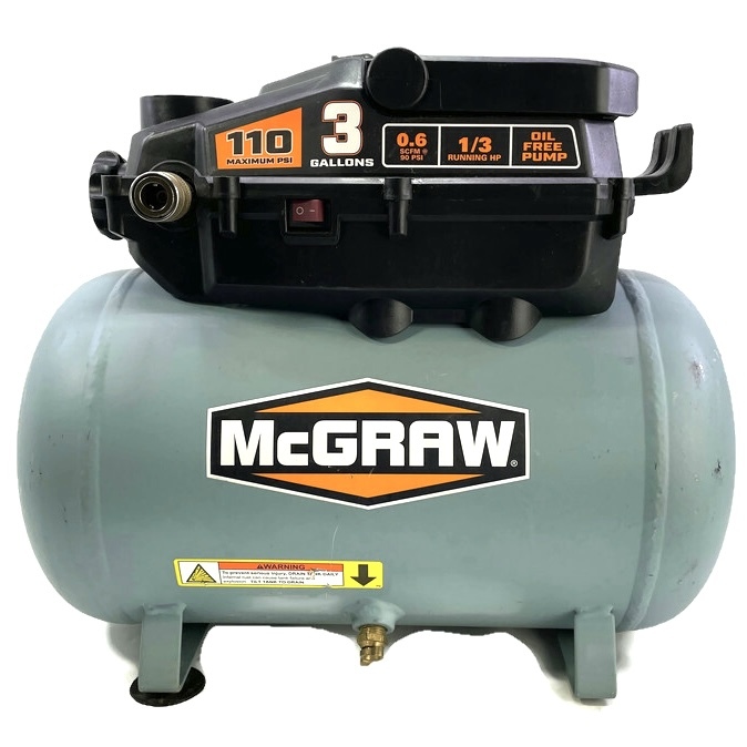 McGraw 57572 3 Gallon 1/3 HP 110 PSI Oil-Free Hot Dog Air Compressor ...
